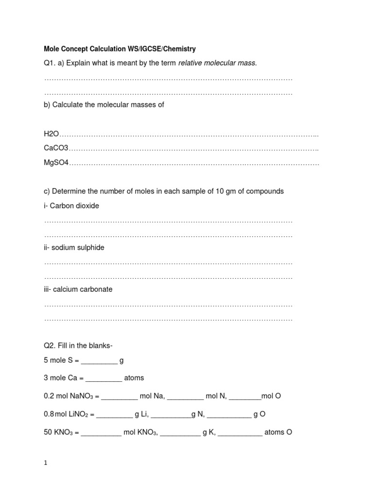 Mole Calculation IGCSE Chemistry Worksheet | PDF | Mole (Unit) | Chlorine