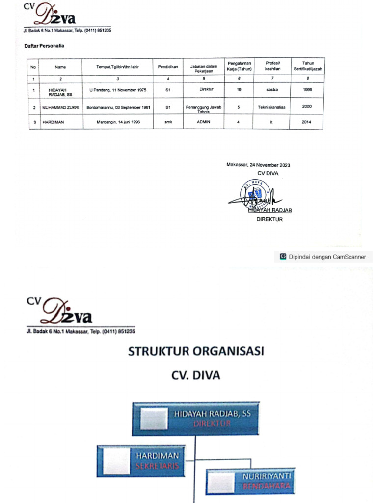 Data Personalia Dan Struktur CV - Diva | PDF