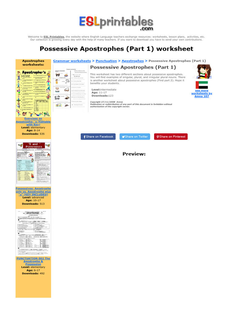 Possessive Apostrophes (Part 1) - ESL Worksheet by Amna 107 | PDF ...