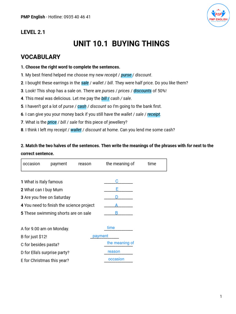 Buying Vocabulary for Class 1 | PDF