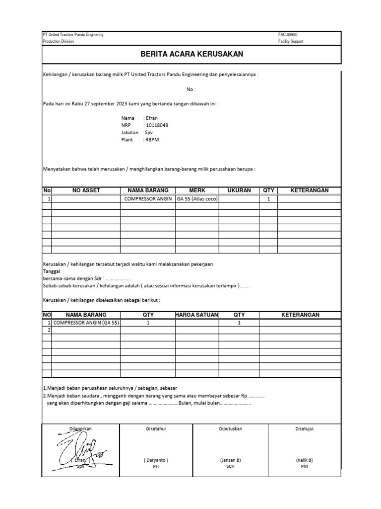 Form BAK Mesin Compressor GA 55 | PDF