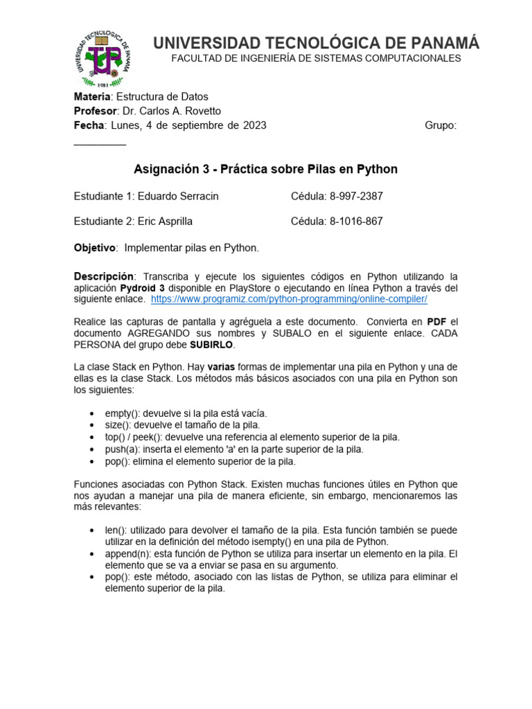 Práctica de Pilas en Python | PDF | Python (lenguaje de programación) | Informática