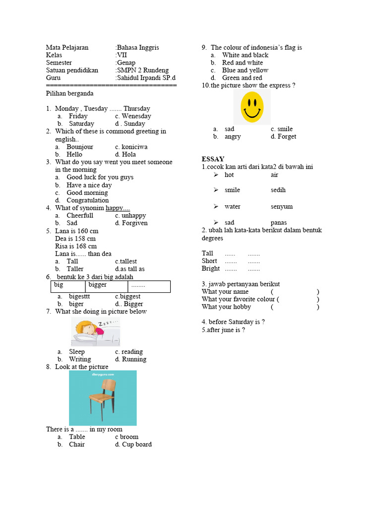 Soal Bahasa Inggris KLS 7 Semester 2 | PDF