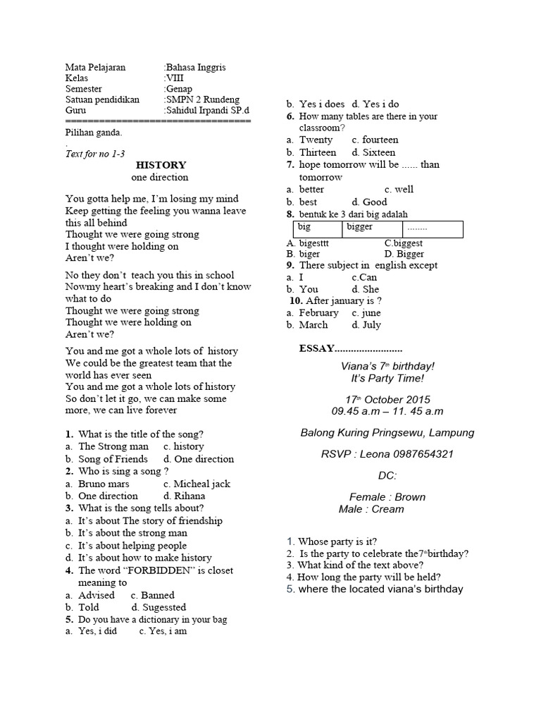 Soal Bahasa Inggris KLS 8 Semester 2 | PDF