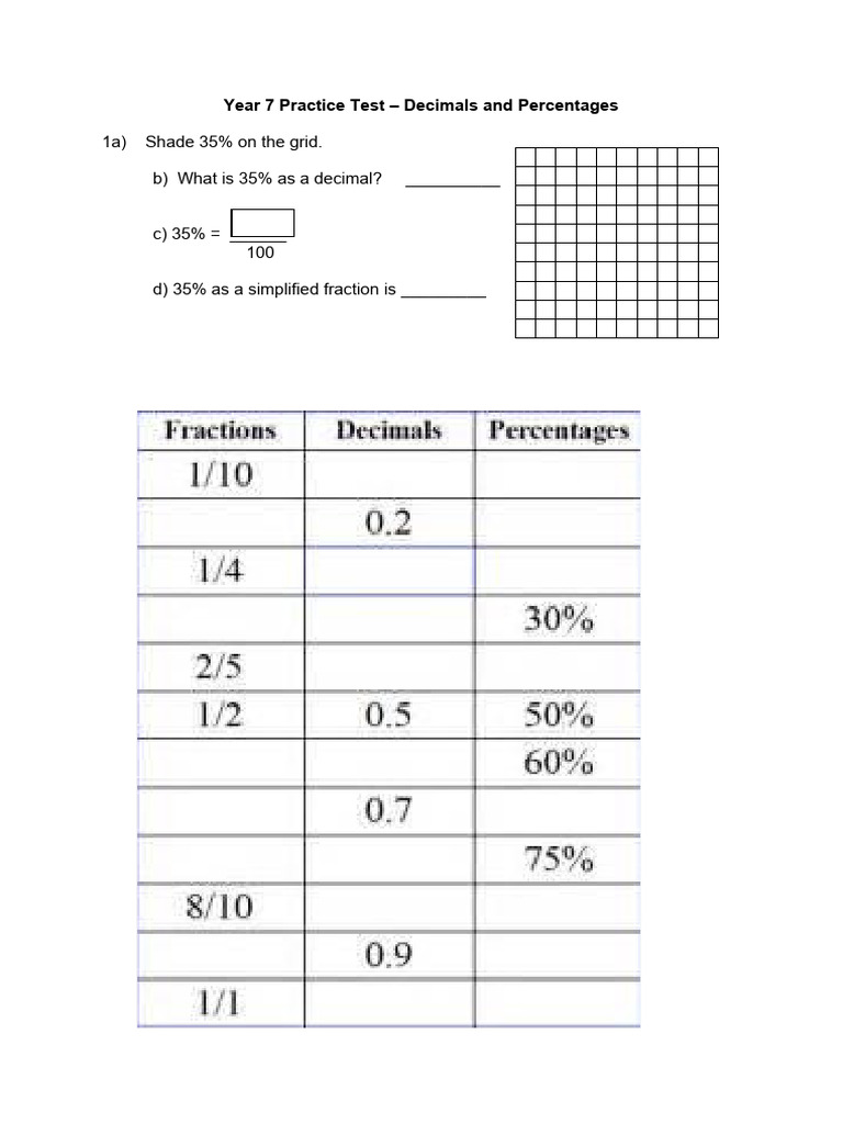 Year 7 Practice Test Decimals and Percentages | PDF | Science ...