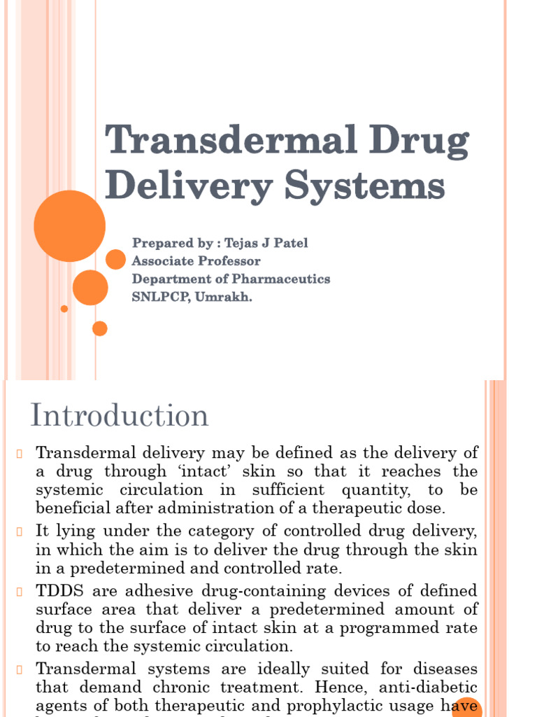 Overview of Transdermal Drug Delivery | PDF | Skin | Chemistry