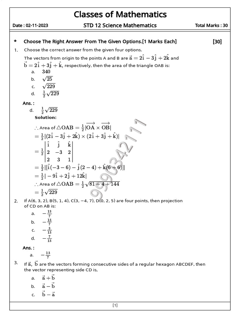 MCQs Vector Algebra - Solution | PDF | Geometry | Mathematics