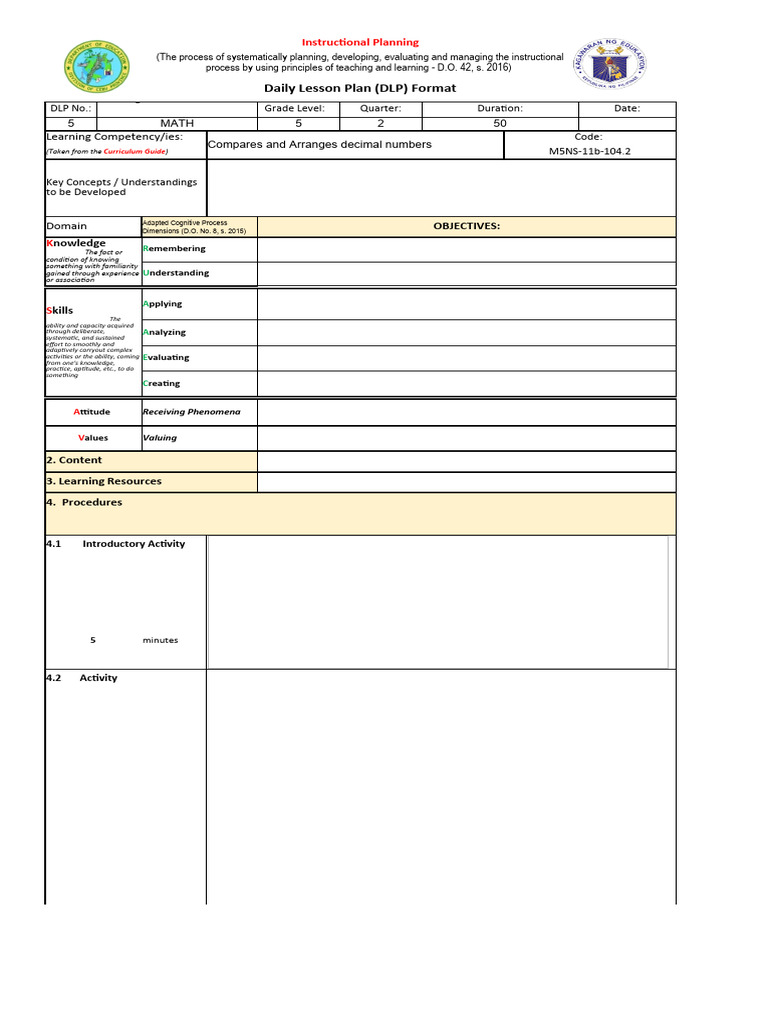 Blank DLP Math | PDF | Learning | Lesson Plan