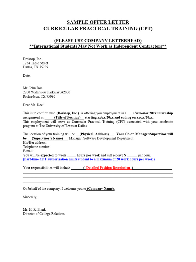 CPT Internship Offer Letter Template | PDF | Career & Growth