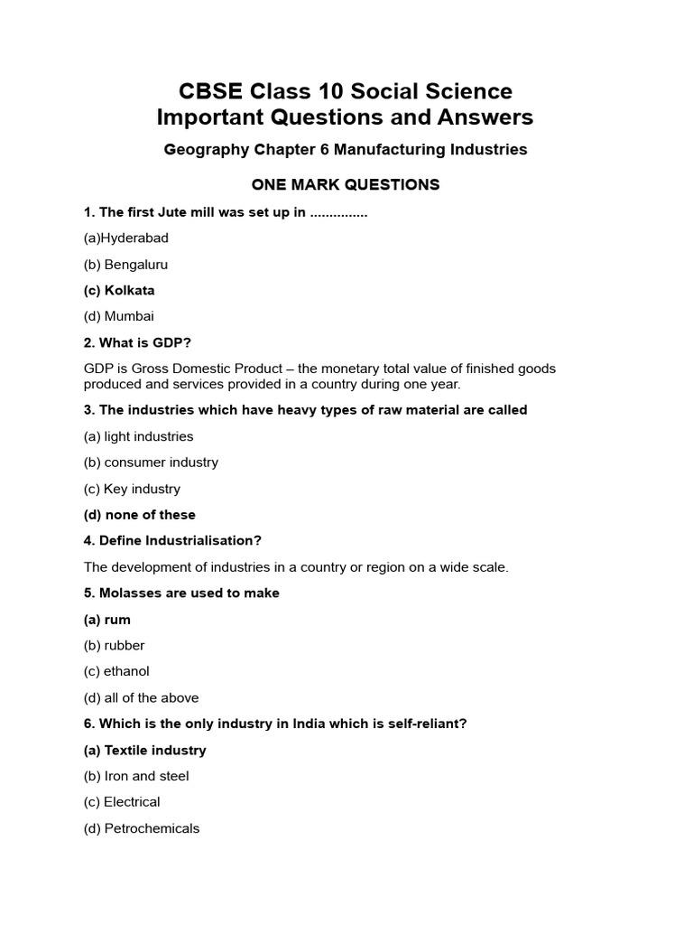 Cbse Class 10 Social Science Important Questions and Answers Geography ...