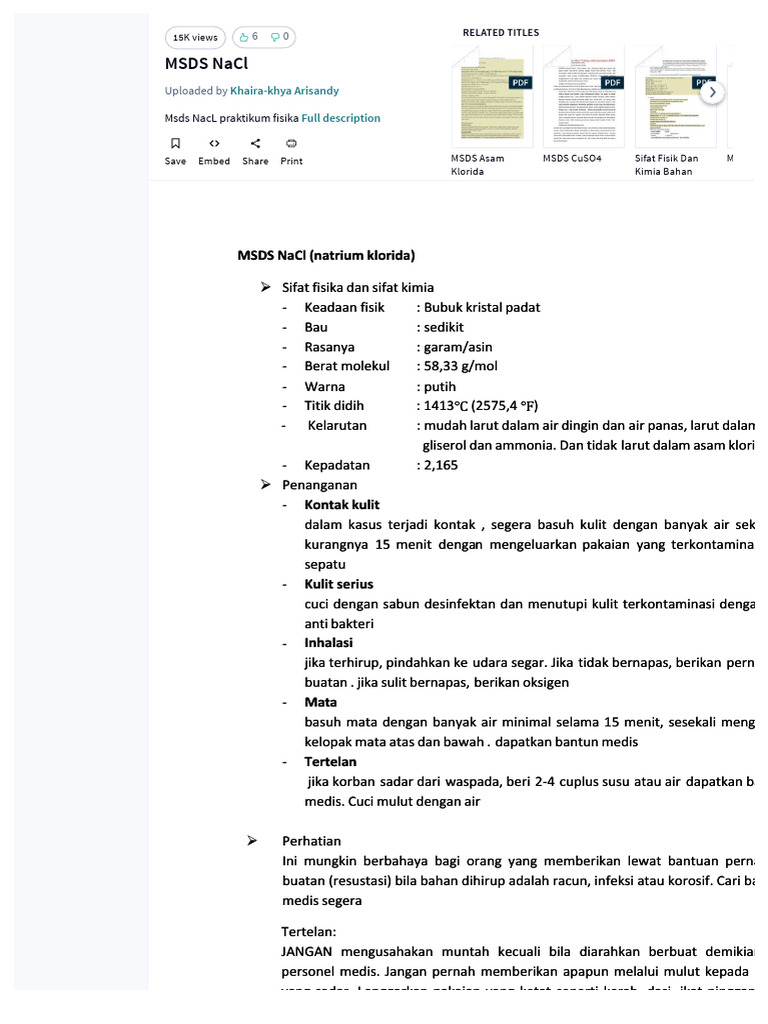 MSDS Sodium Chloride (NaCl) | PDF