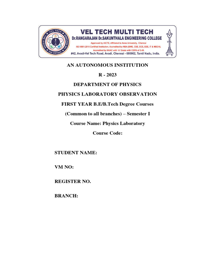 Phy Lab Manual R-2023 | PDF | Diffraction | Engineering