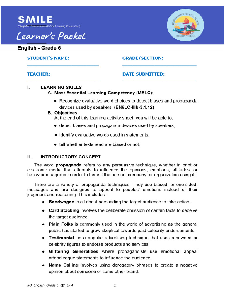 English 6 - Q2 - LP4 | PDF | Propaganda | Bias