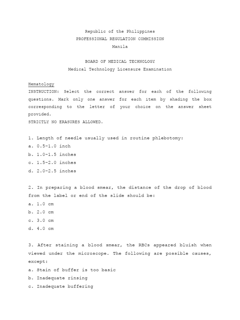 Medical Technology Exam: Hematology Questions | PDF | Anemia | White ...