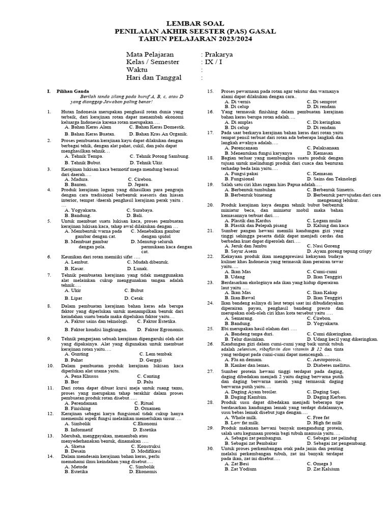 Soal PAS Prakarya Kelas 9 K13 | PDF