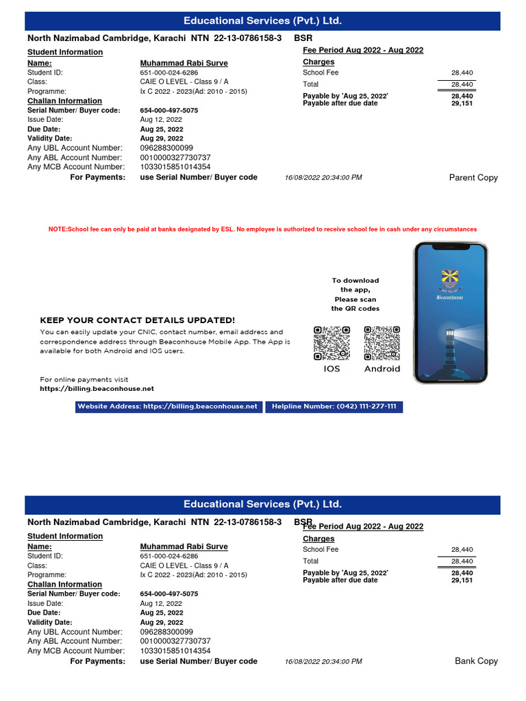 Educational Services (PVT.) LTD.: North Nazimabad Cambridge, Karachi NTN 22-13-0786158-3 BSR ...