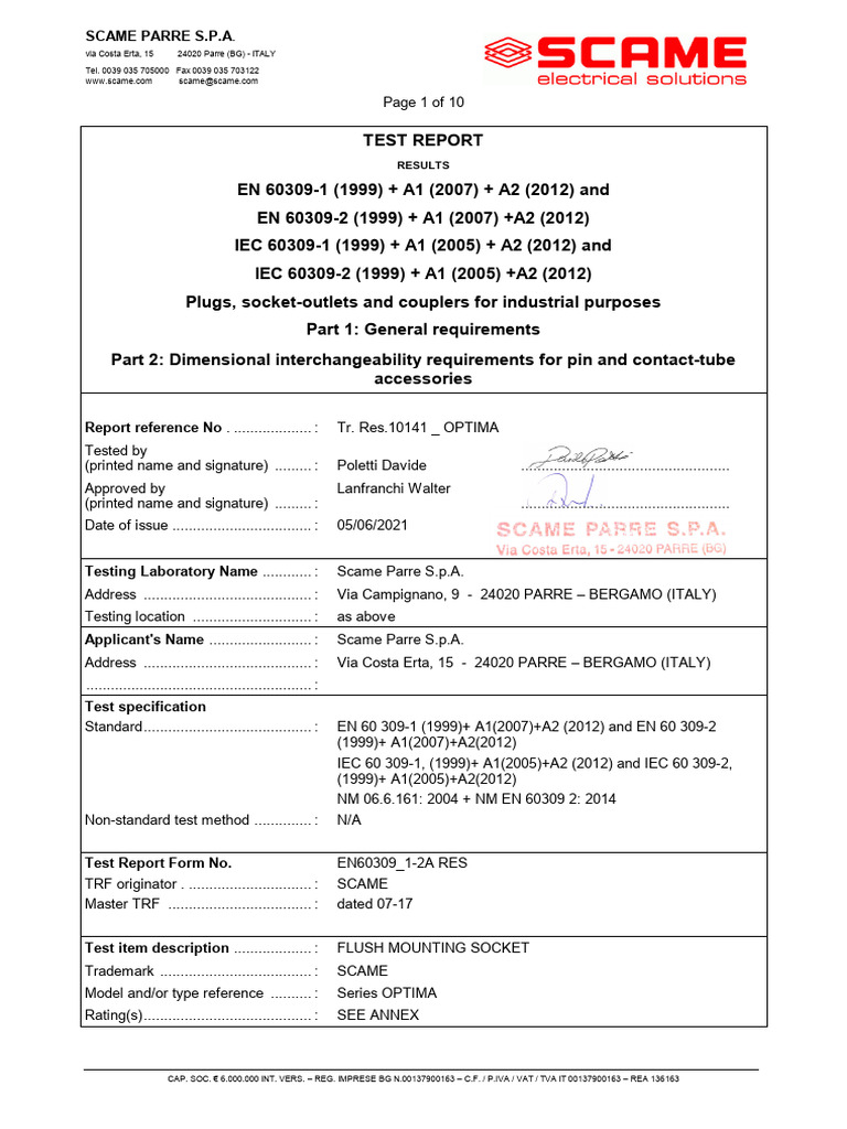 Test Cetificate For 413. Series Socket | PDF | Electrical Engineering ...