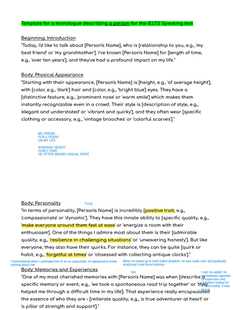 Speaking Part 2 Templates Pdf Experience