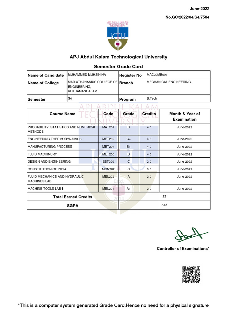 KTU Semester Grade Card Overview | PDF