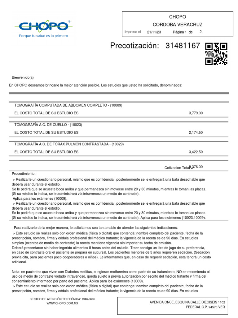 Precotización:: Cordoba Veracruz Chopo | PDF | Cuidado de la salud | Medicina