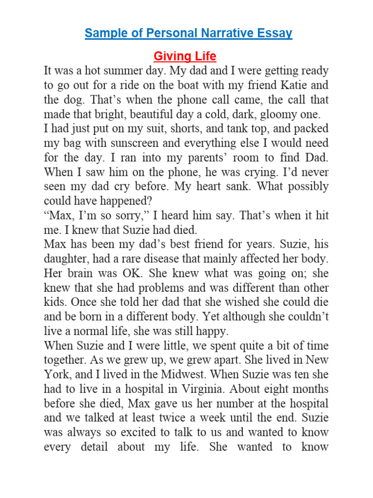 Sample of Personal Narrative Essay: Giving Life | PDF