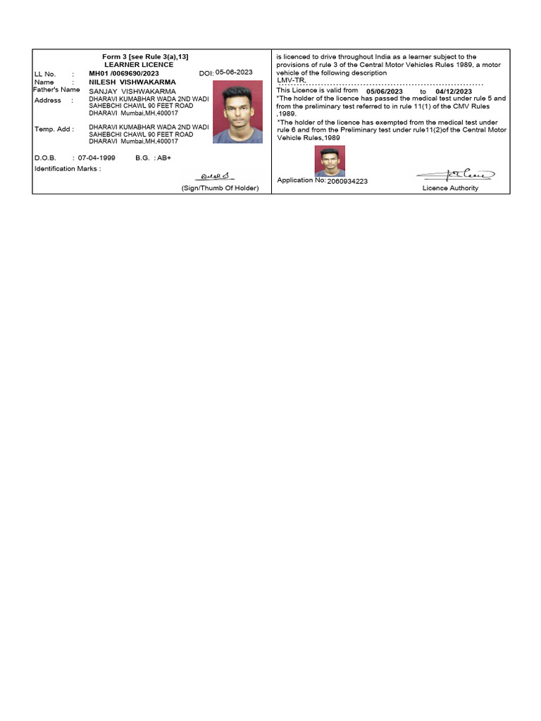 4 Wheeler Learning License (Nilesh) | PDF