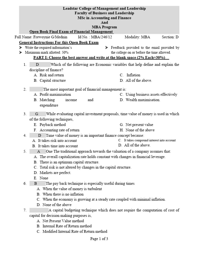 Exam - FM | PDF | Balance Sheet | Financial Statement