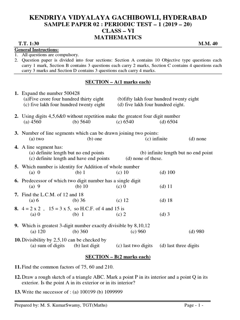 Maths VI Periodic Test 1 Sample Paper 02 2019 | PDF | Numbers | Mathematics