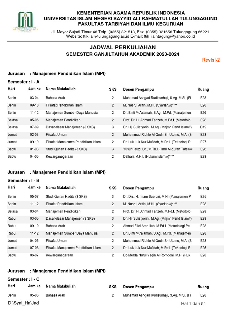 Jadwal Perkuliahan Ganjil 2023-2024 | PDF