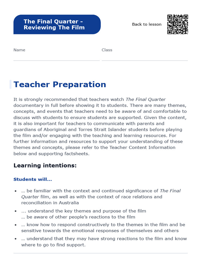 The Final Quarter - Reviewing The Film - Teacher Content Info | PDF ...