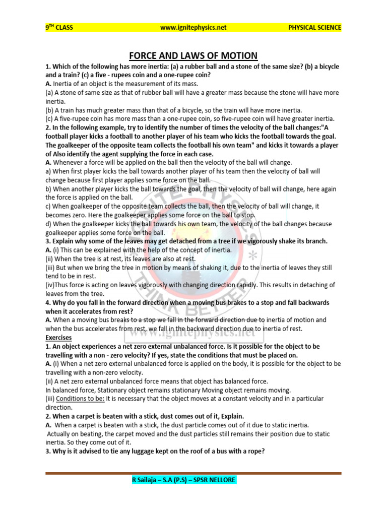 Force and Motion: 9th Class Physics | PDF | Force | Momentum