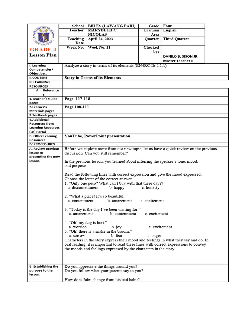Lesson Plan in English 4 Elemenets of The Story (Third Quarter) Cot 2 ...