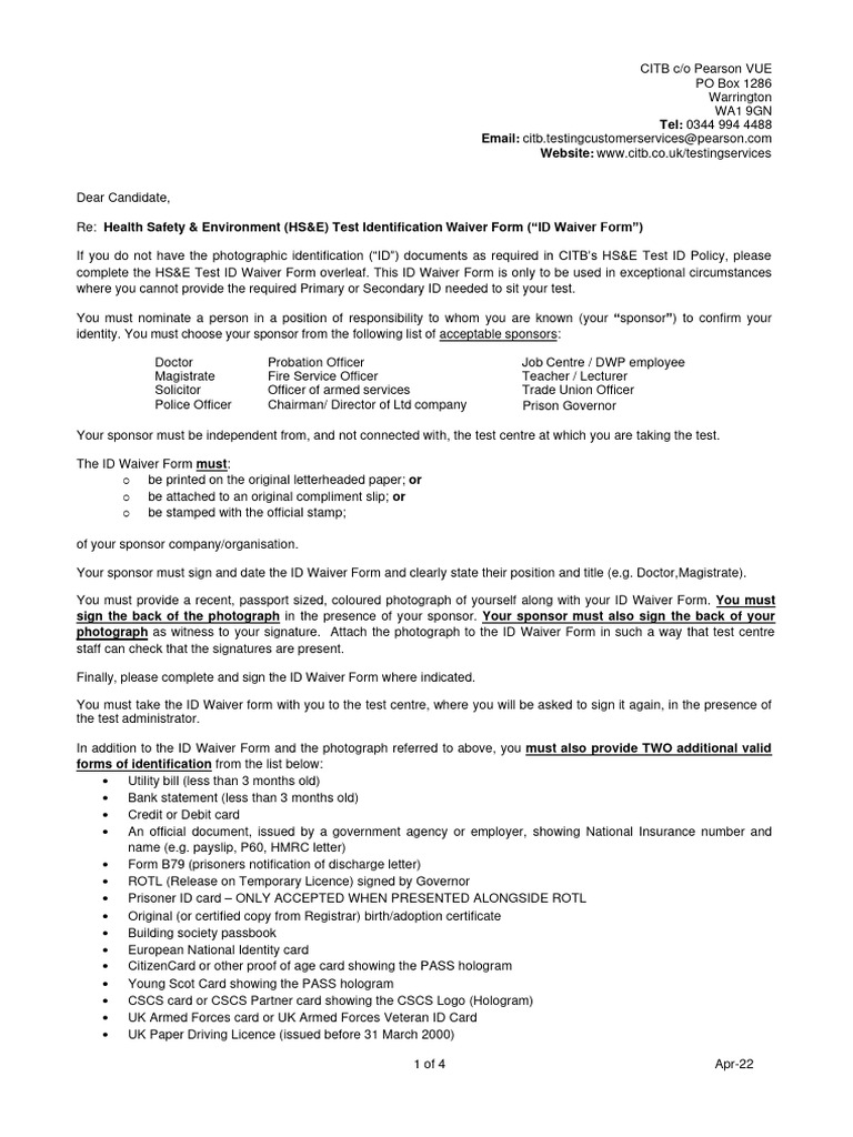 Citb Hse Test Id Waiver Form and Letter Apr 22 | PDF | Identity ...