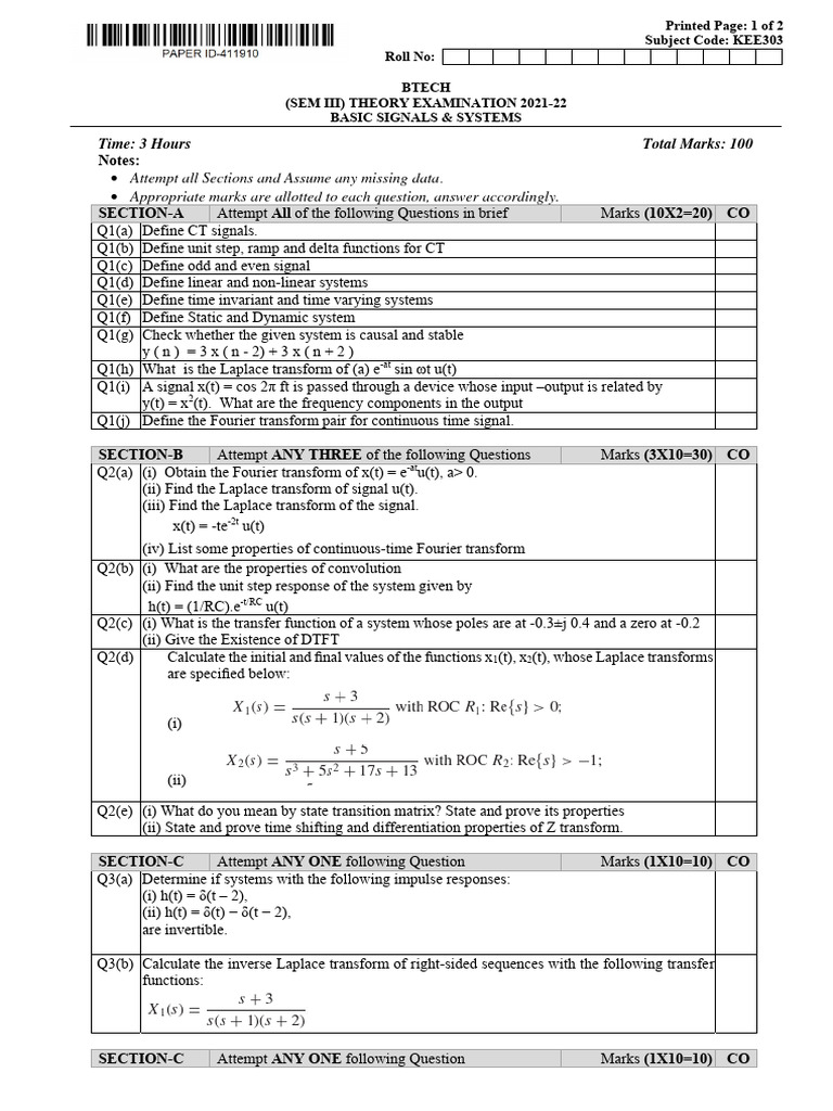 Btech Ee 3 Sem Basic Signals and Systems Kee303 2022 | PDF | Laplace Transform | Functional Analysis
