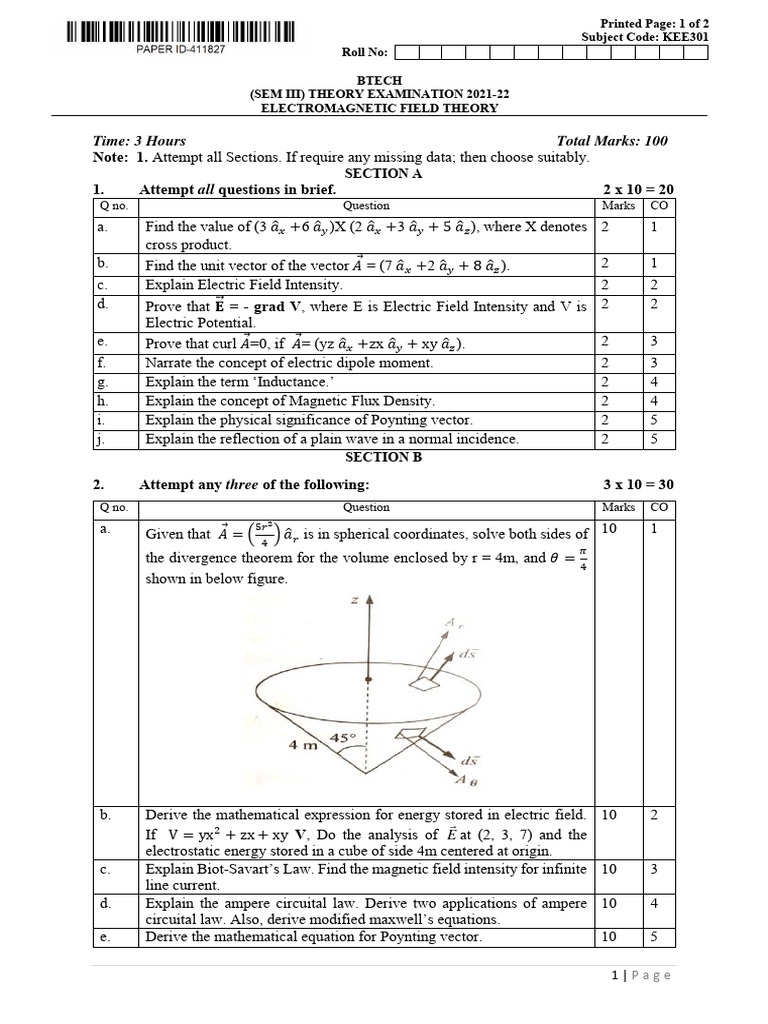 Btech Ee 3 Sem Electromagnetic Field Theory Kee301 2022 | PDF | Magnetic Field | Electric Field