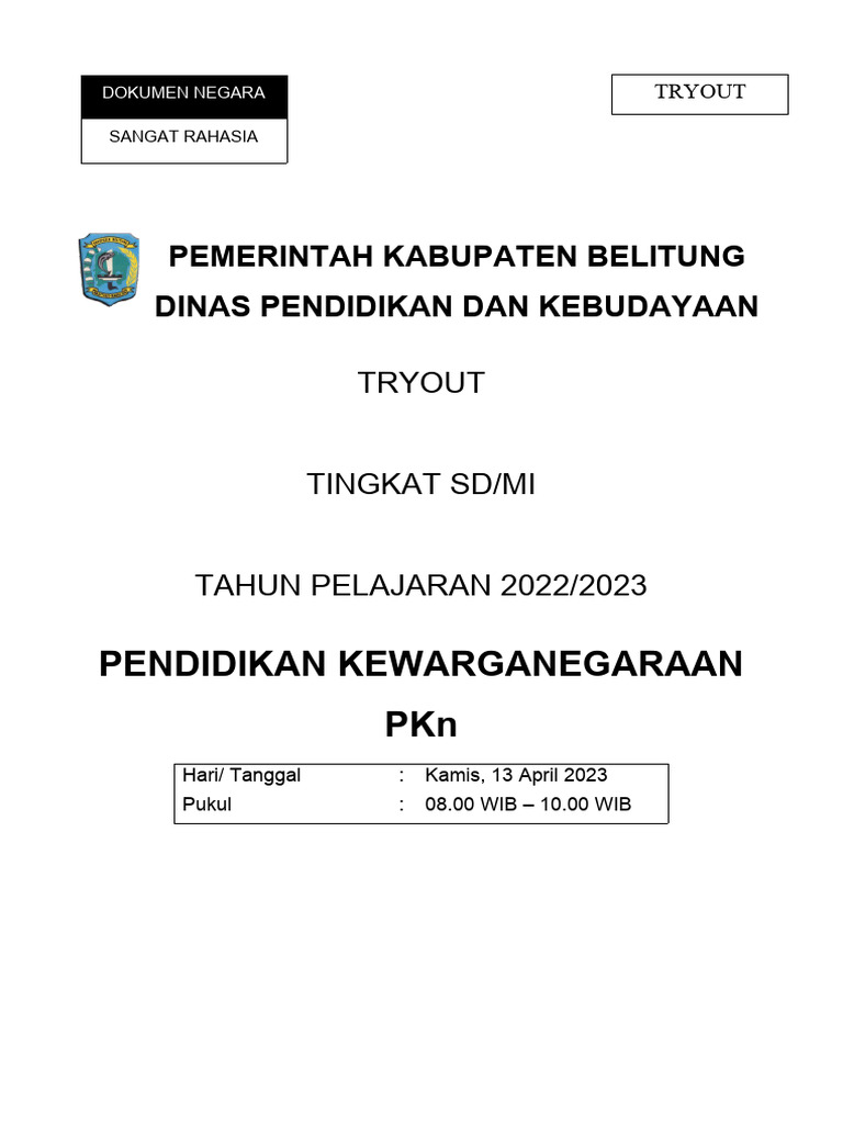 Soal Tryout PKN Paket A 2022-2023 ( (Soal Sama Dengan To3) | PDF