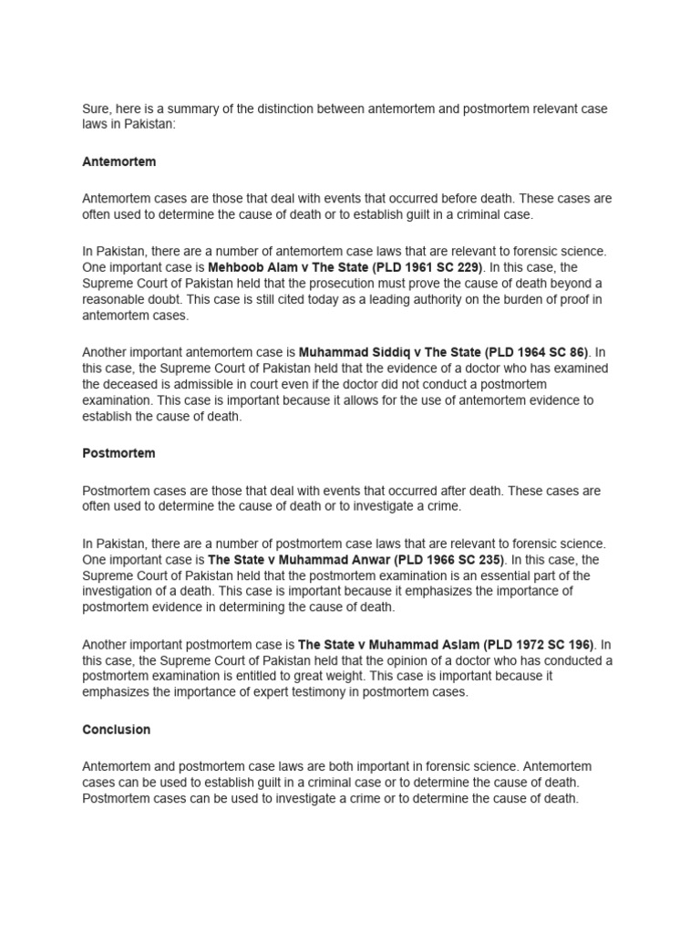 Antemortem vs Postmortem Case Laws in Pakistan | PDF | Social Science | Law