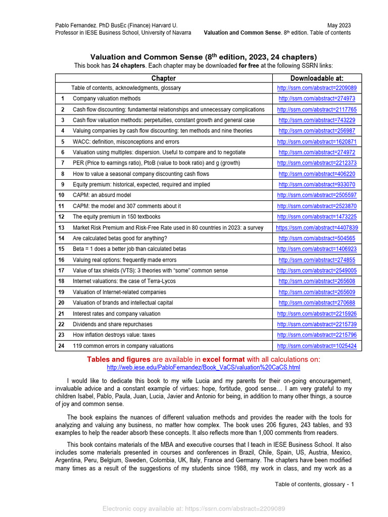 Table of Contents - Valuation and Common Sense (8th Edition) | PDF ...
