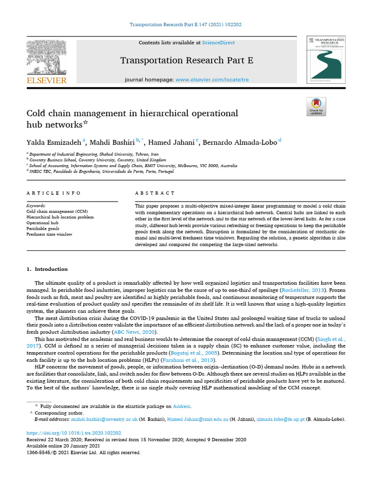 (Literature) Cold Chain Management in Hierarchical Operational Hub ...