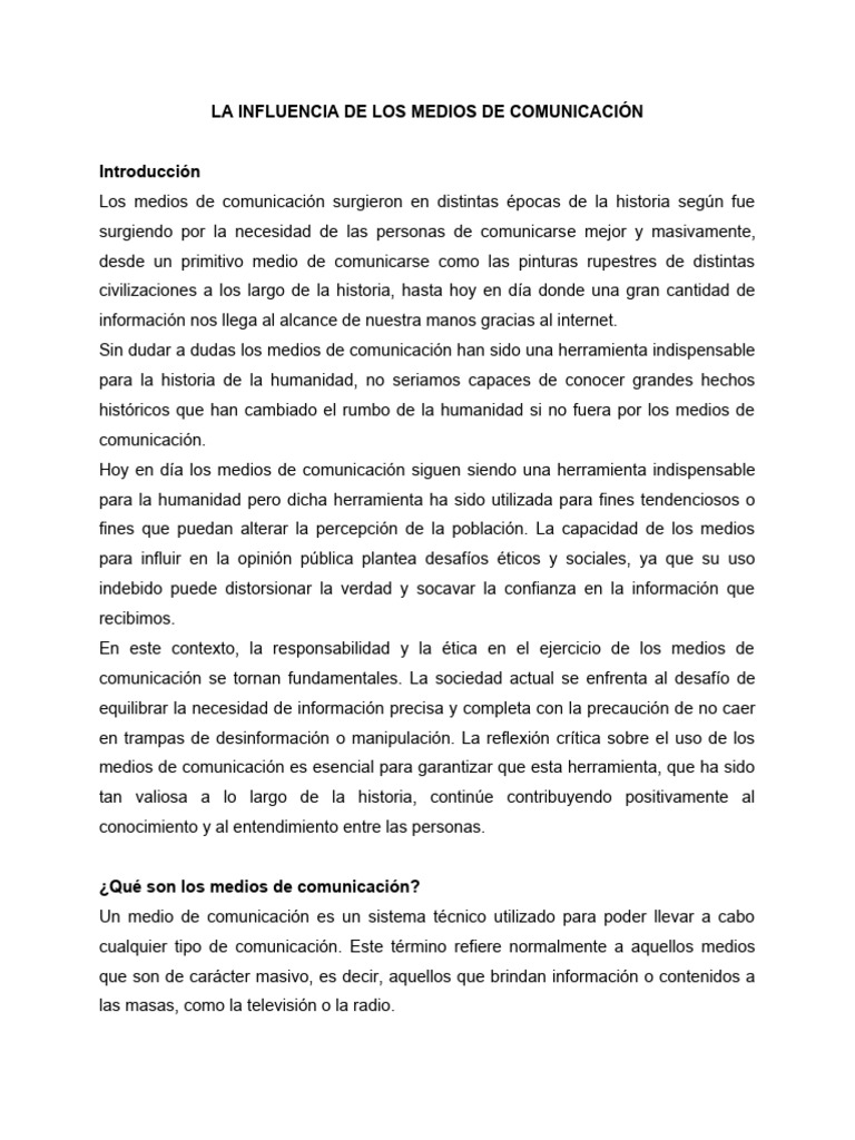 LA INFLUENCIA DE LOS MEDIOS DE COMUNICACIÓN | PDF | Medios de ...