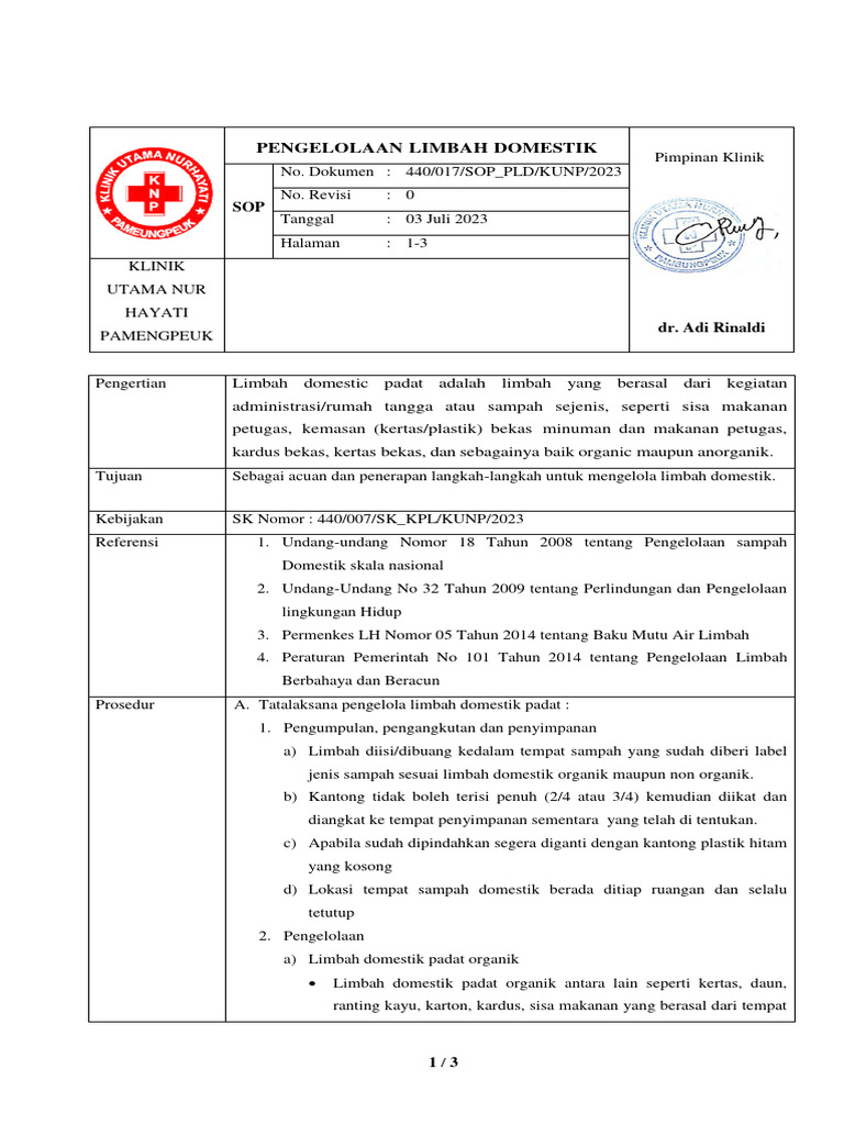 Ep 7 Pengelolaan Sampah Domestik Sop | PDF