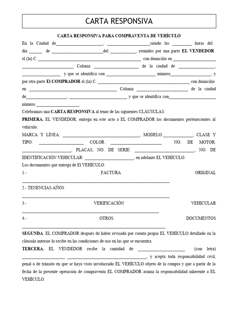 Carta Responsiva Compraventa de Vehiculo | PDF | Finanzas y dinero ...