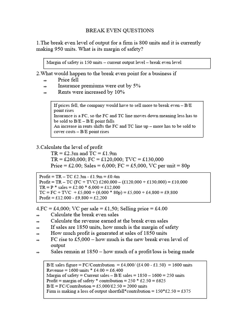 Break Even Analysis Questions & Answers | PDF | Private Sector ...