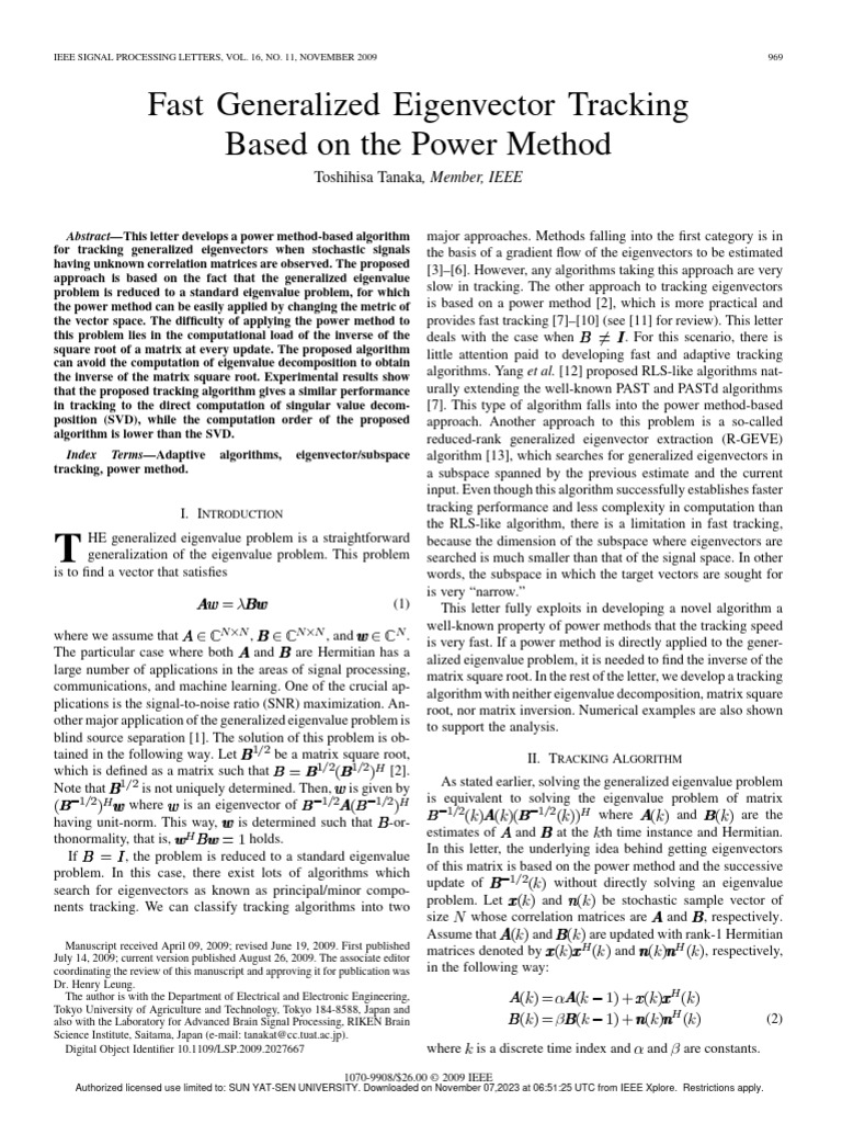 L1-Fast Generalized Eigenvector Tracking Based On The Power Method | PDF | Eigenvalues And ...