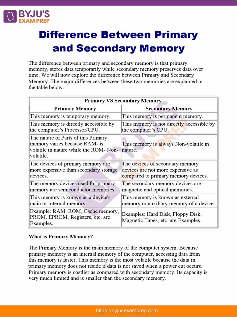 Difference Between Primary and Secondary Memory Gate Notes 35 | PDF ...