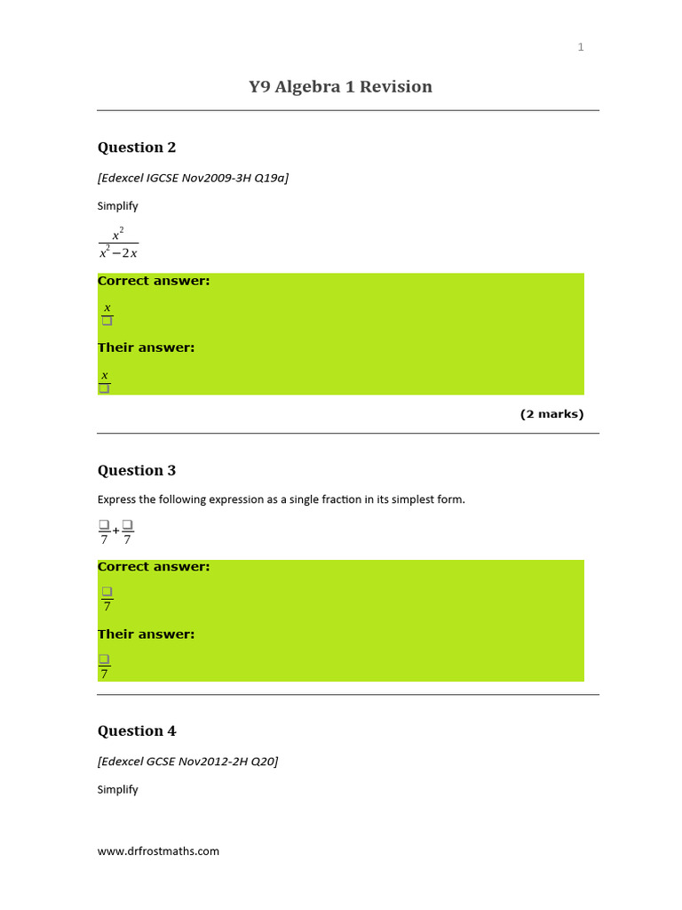 Y9 Algebra 1 Revision: (Edexcel IGCSE Nov2009-3H Q19a) | PDF ...