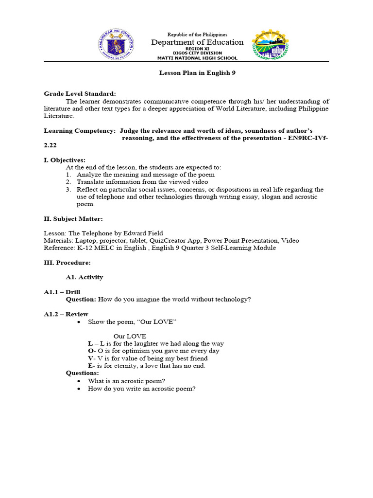 Lesson Plan in English 9 COT2 | PDF | Telephone | Poetry