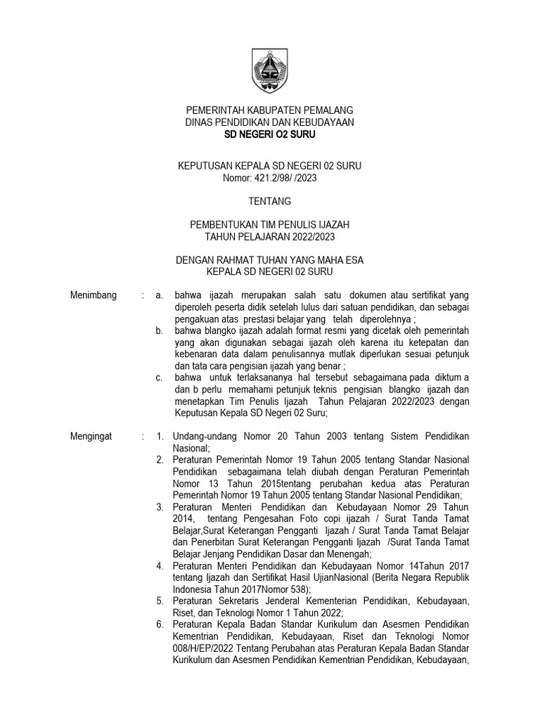 CONTOH SK Tim IJAZAH 2022-2023 | PDF