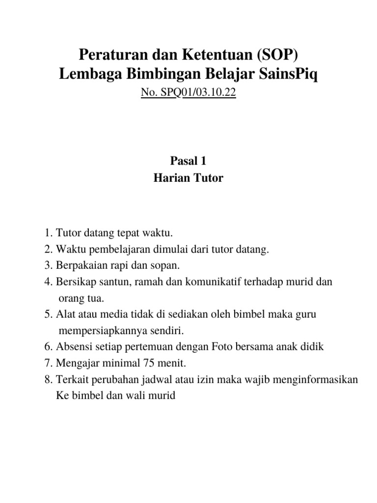 Sop & Peraturan LBB Sainspiq | PDF | Karier & Perkembangan | Pengelolaan Keuangan & Uang
