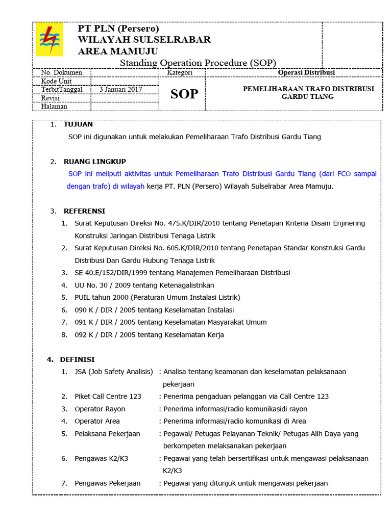 1.sop Pemeliharaan Trafo Distribusi Gardu Tiang-Pleno Area | PDF